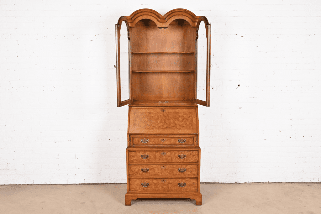 John Stuart Georgian Burl Wood Drop Front Secretary Desk With Bookcase ...
