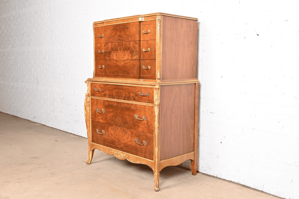 Antique French Provincial Louis XV Burled Walnut and Parcel Painted ...