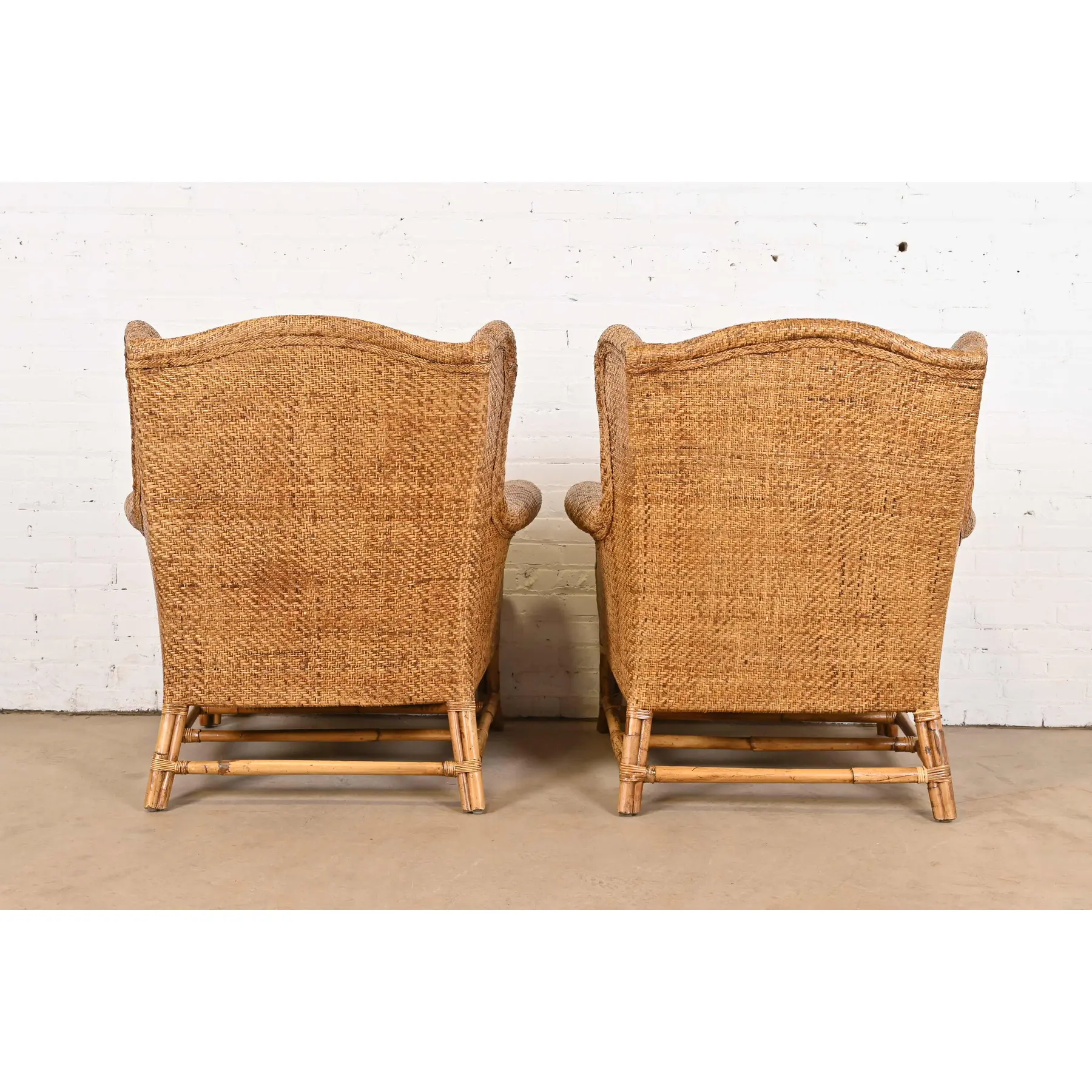 Baker Furniture British Colonial Bamboo Rattan Wingback Lounge Chairs ...