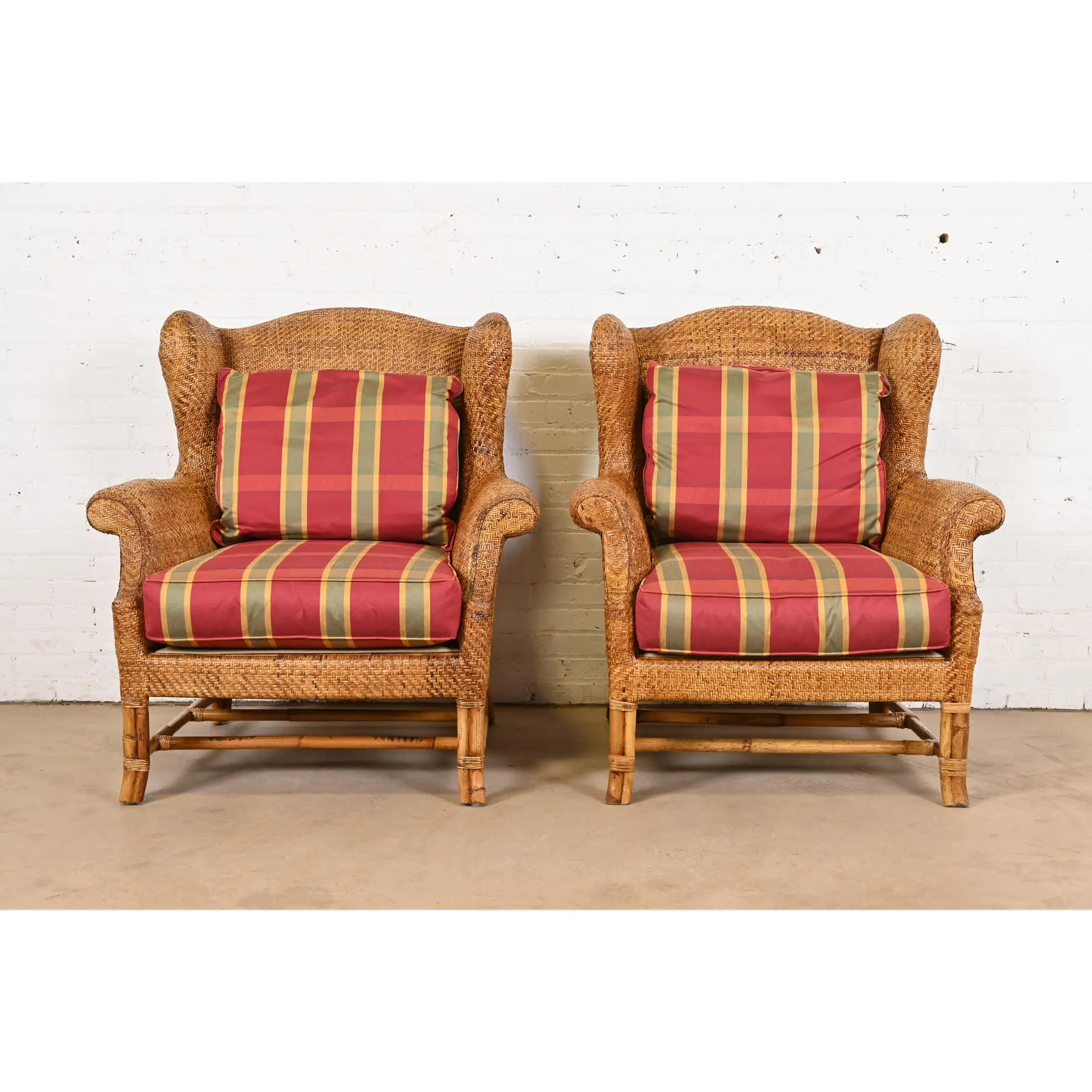 Baker Furniture British Colonial Bamboo Rattan Wingback Lounge Chairs ...